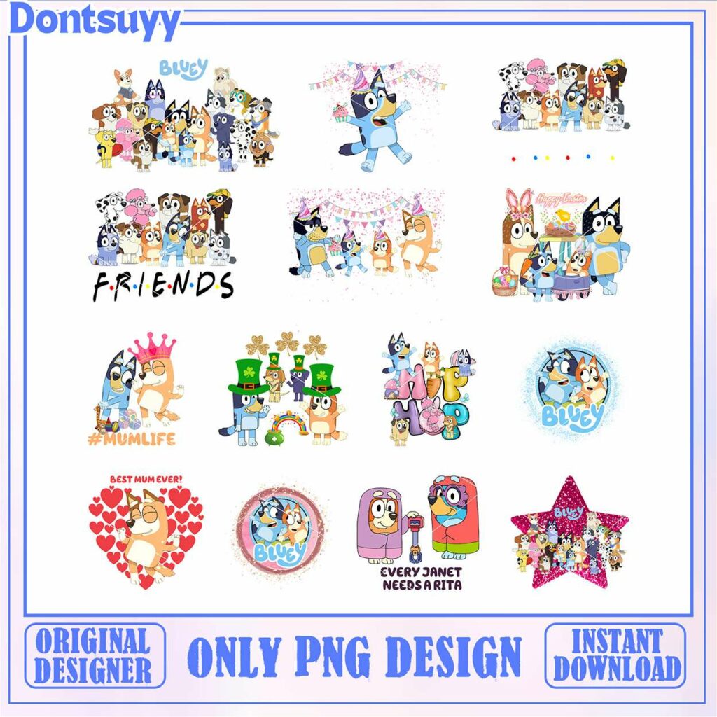 Bluey cartoon dog friends png bundle, bluey cartoon png, blueys friends ...
