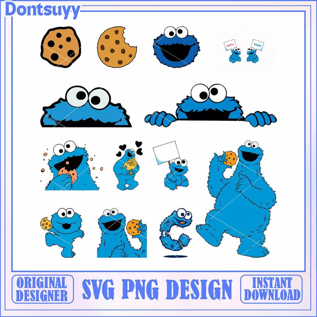 Blue cookie monster bundle svg, cookie monster svg, cartoon monster svg ...