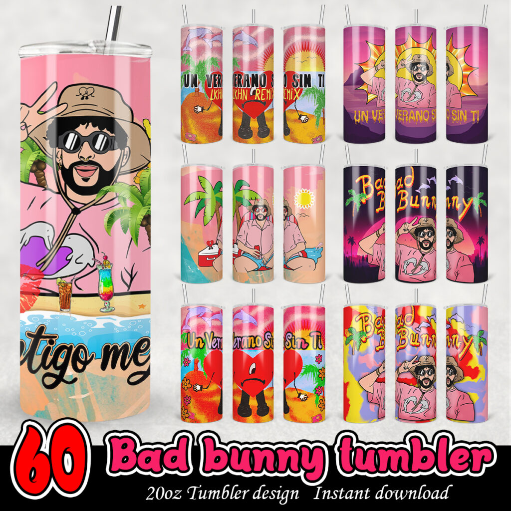 Pink Bad Bunny Tumbler Wrap png bundle, bad bunny png - High-quality ...