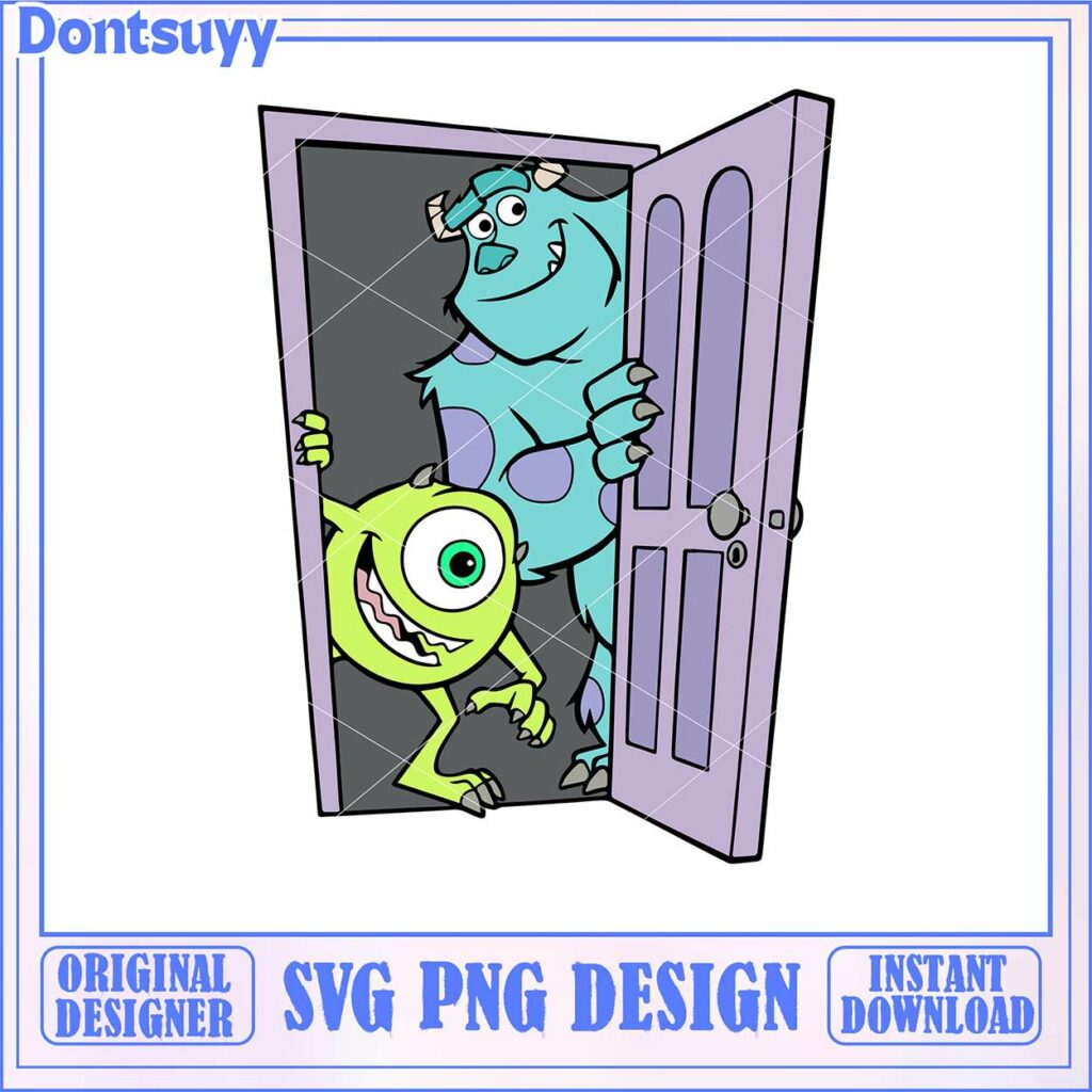 Monsters opening a door, fun cartoon design for kids products - High ...