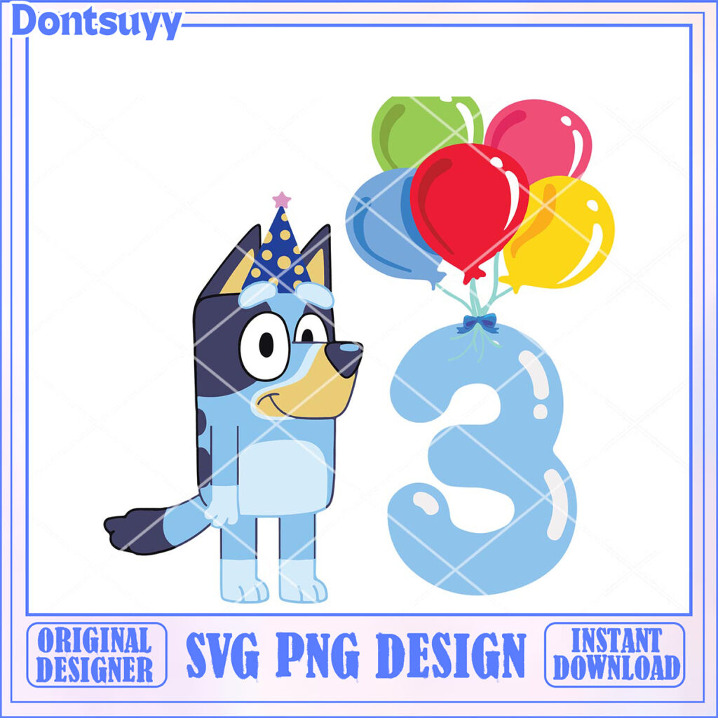 Bluey Birthday Celebration with Balloons and Number Three - High ...